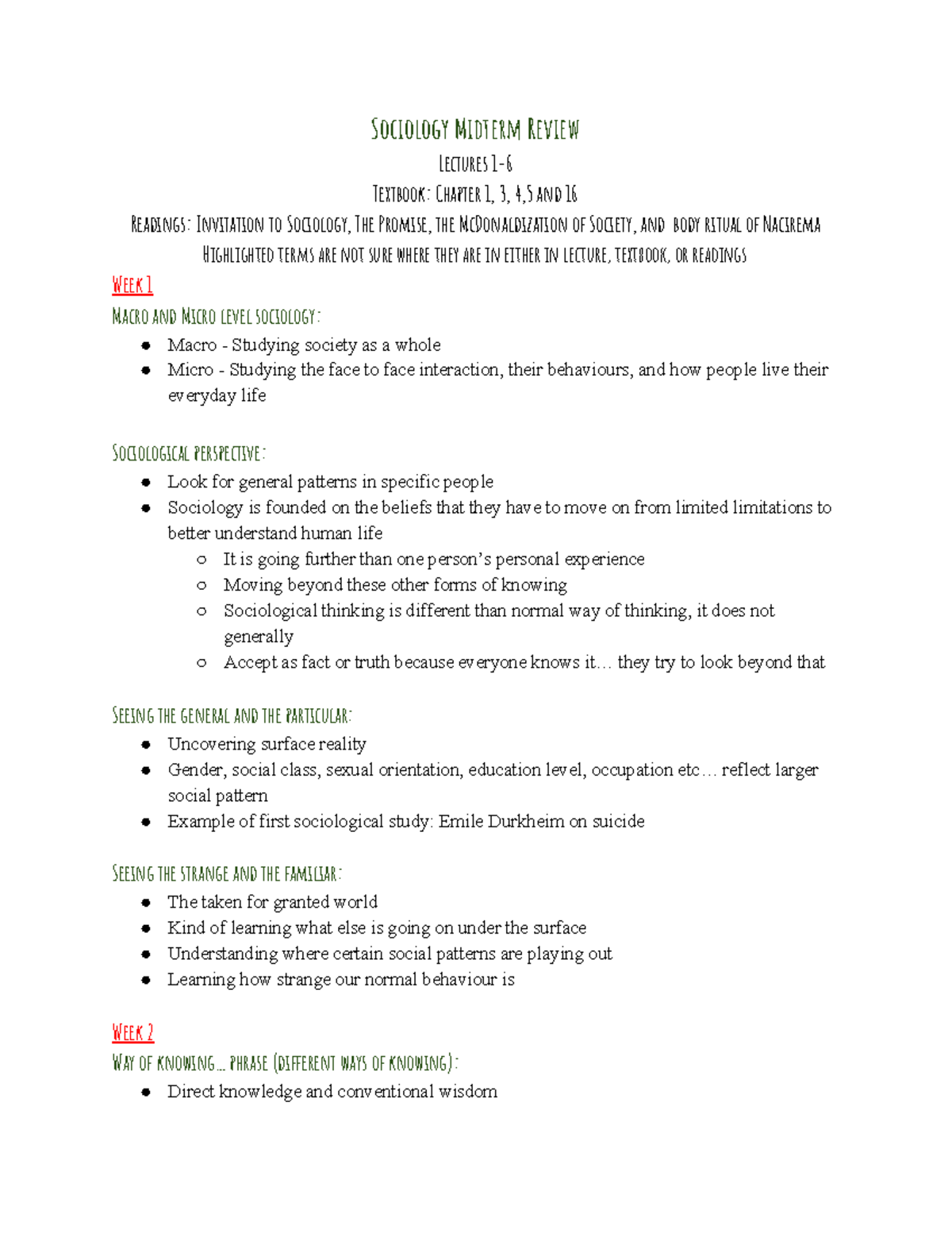 Sociology Midterm Review - Studocu