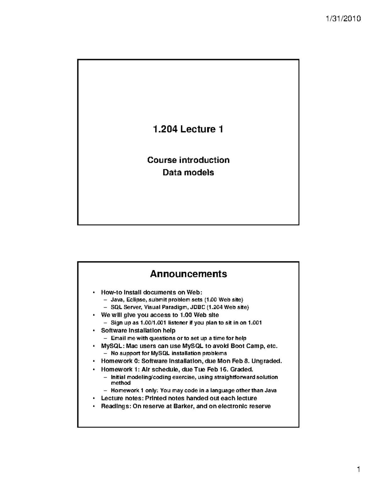 1.204S10 Lecture 1: Course Introduction & Data Models Overview - Studocu