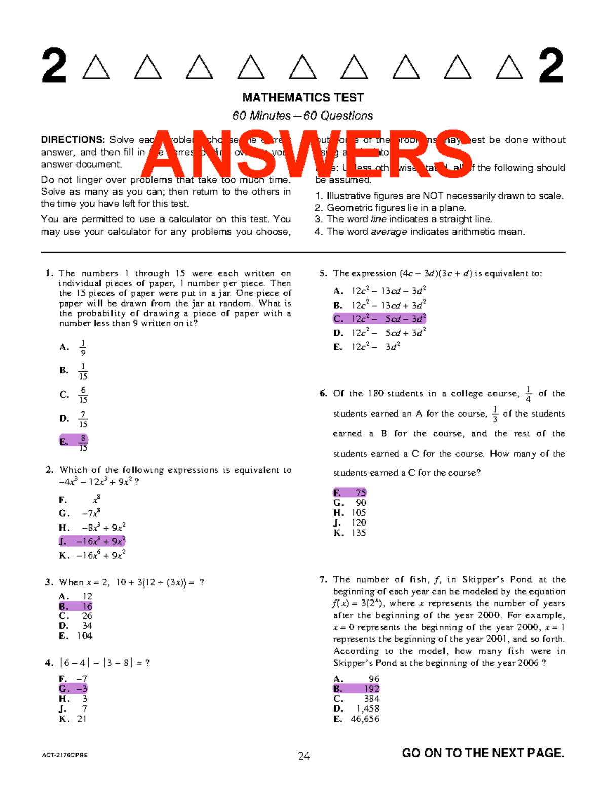 ACT Practice Test 2021-2022 - Mathematics Test Answers - Studocu