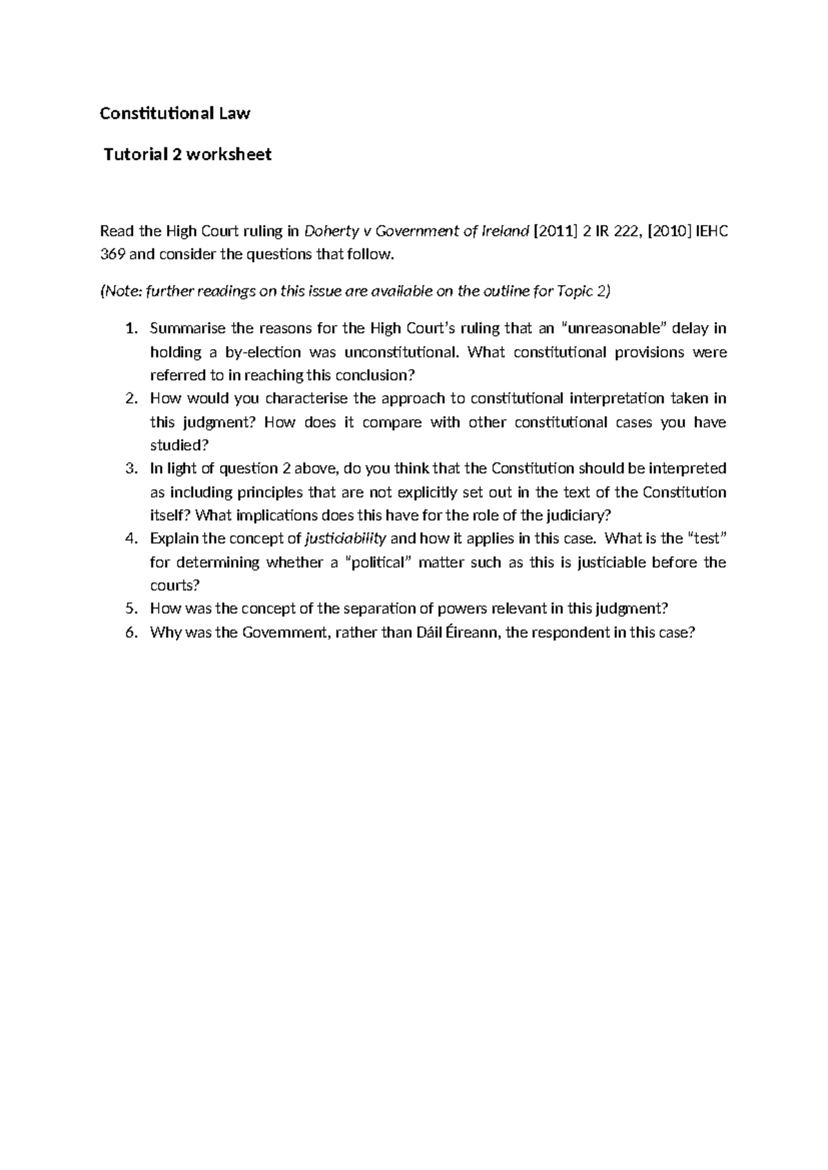 Constitutional Law Tutorial 2 Worksheet: High Court Ruling Analysis ...