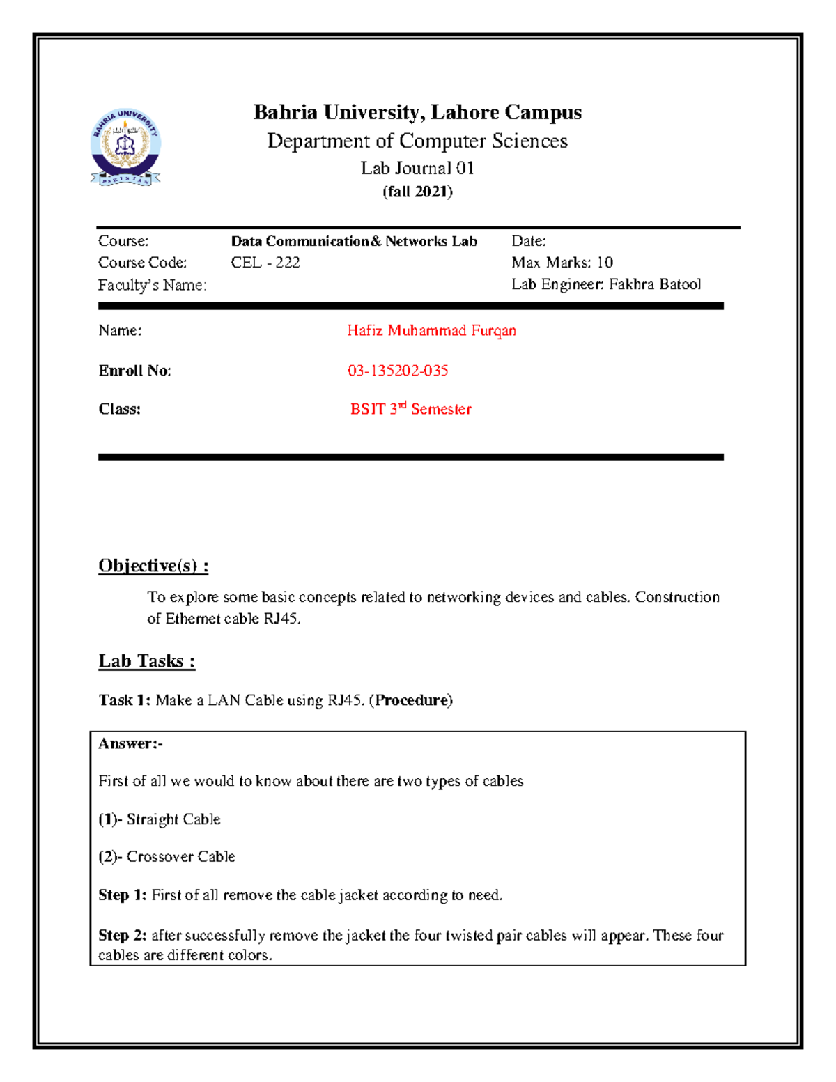 Lab Journal 01 - Data Communication & Networks (CEL-222) - Studocu