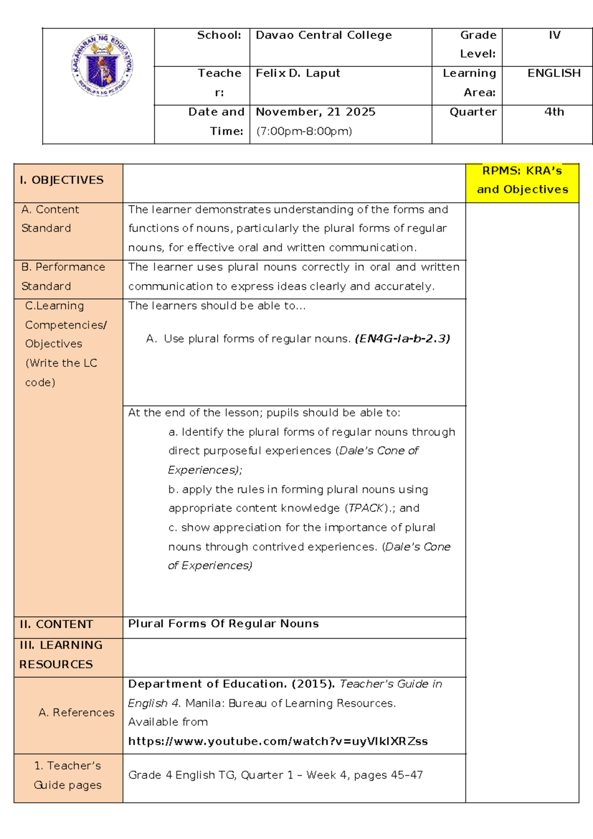 Grade IV English Lesson Plan: Plural Forms of Regular Nouns - Studocu