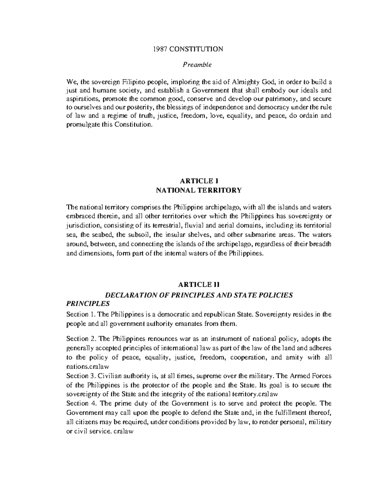1987 Constitution of the Philippines: Preamble and Key Articles ...