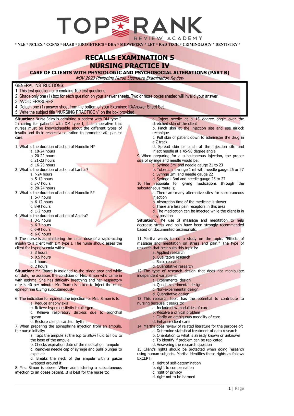 R5-NP4 - Nursing Practice IV: Client Care Exam Nov 2023 - Studocu