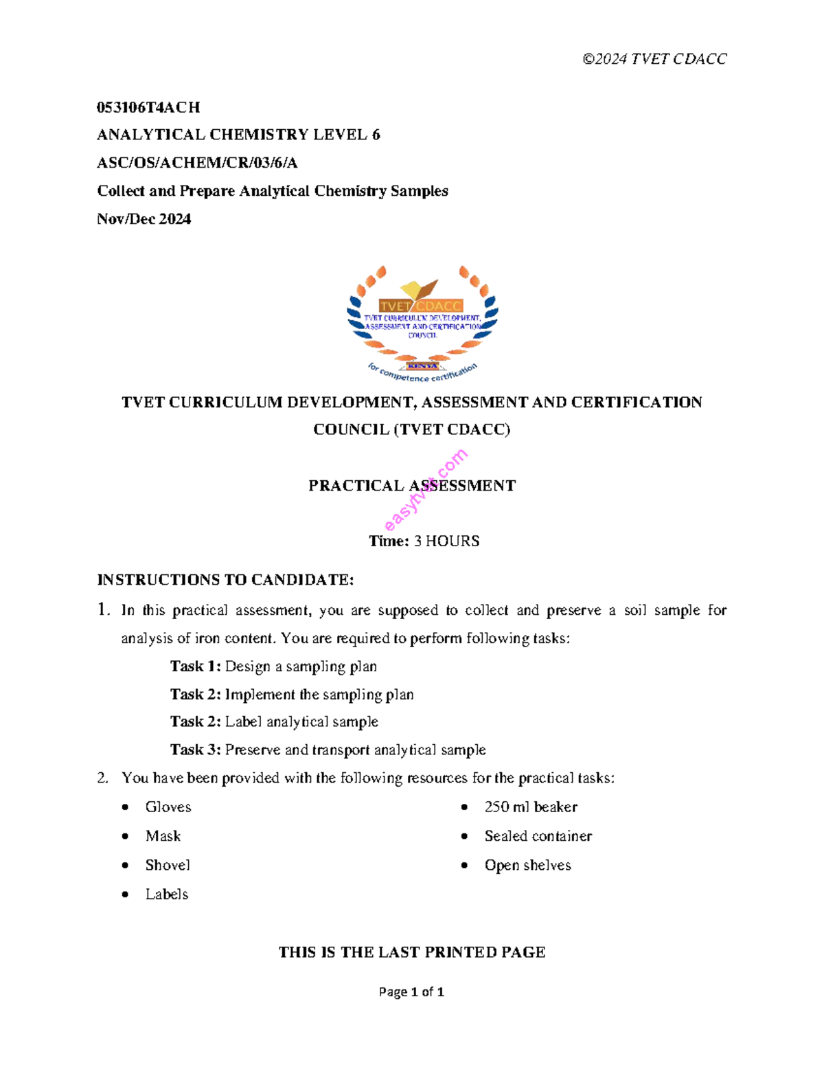 TVET CDACC 053106T4ACH Level 6 Practical Assessment: Sample Collection ...