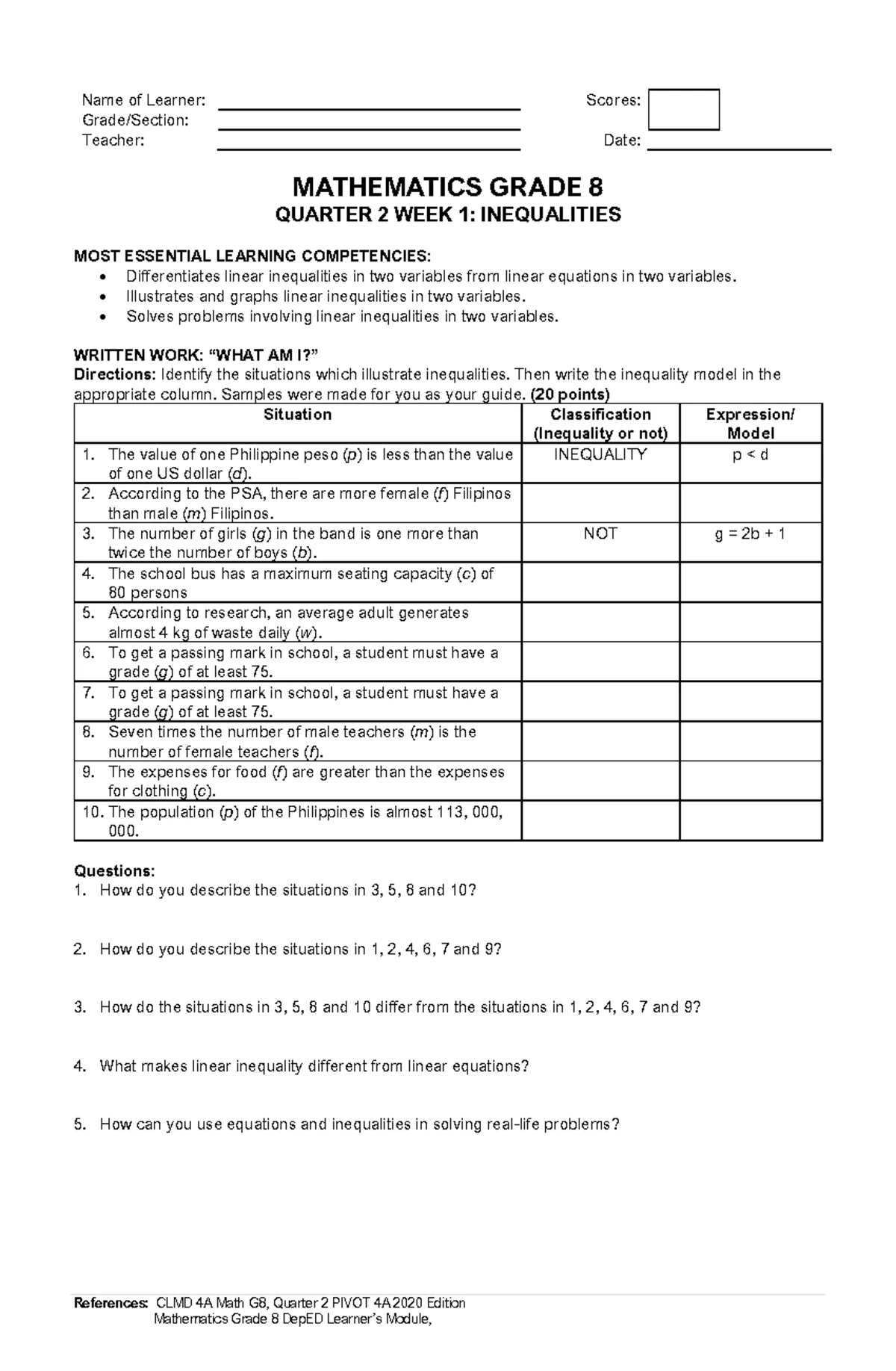 LAS 2.2 MATH 8 - Q2 Week 2 Activity Sheet: Linear Inequalities Tasks - Studocu