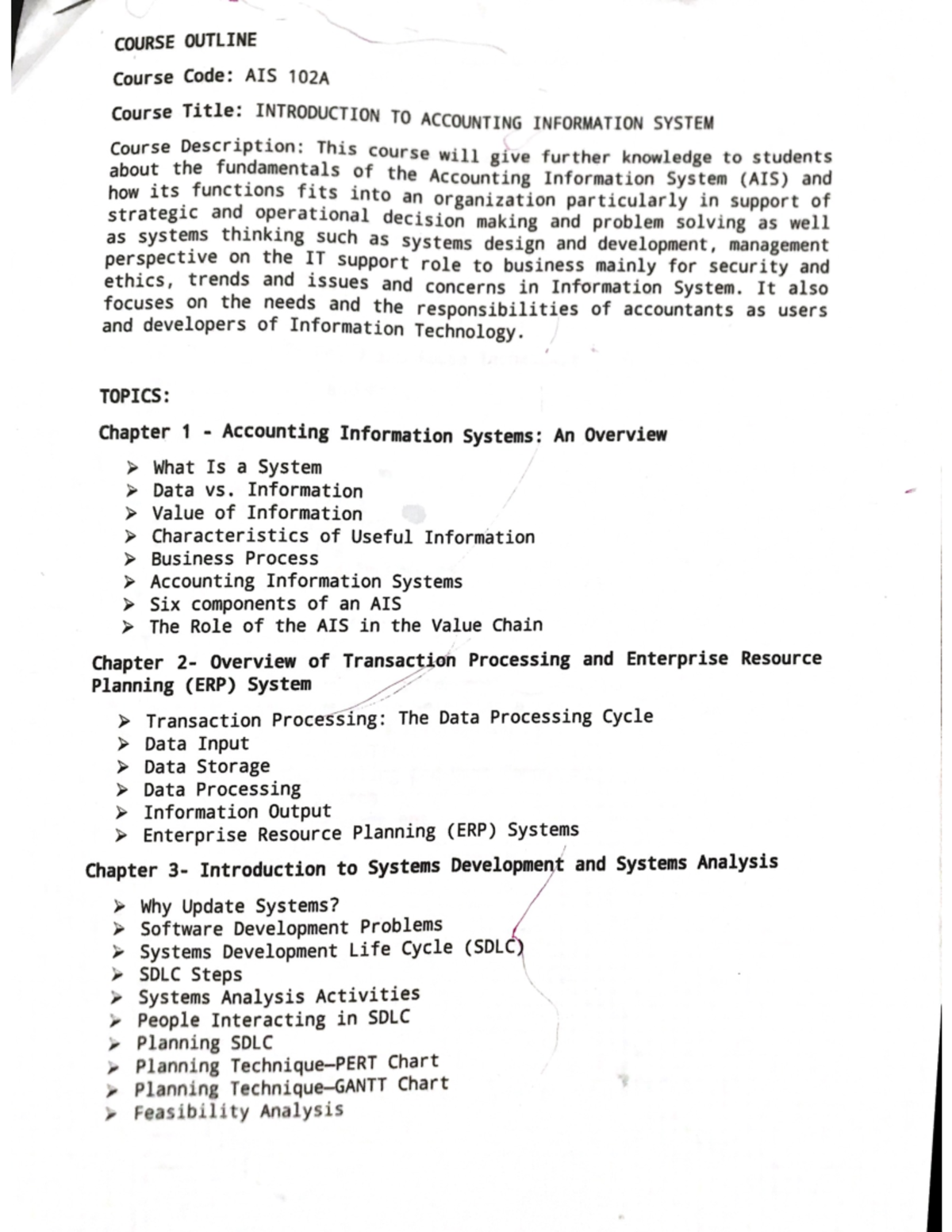 AIS Topic - not notes - COURSE OUTLINE Course Code: AIS 102A Course ...