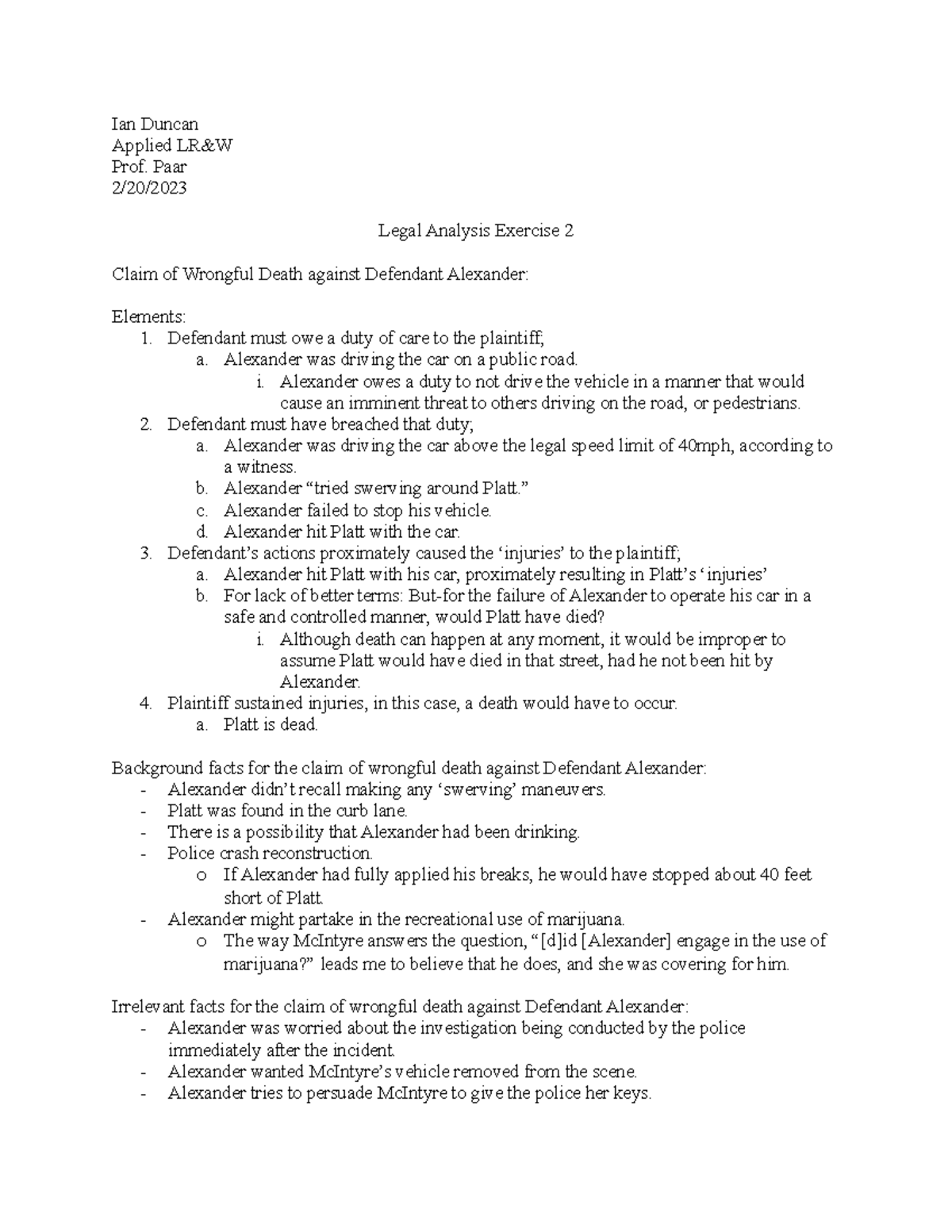 Legal Analysis Exercise 2 Wrongful Death Negligent Entrustment Studocu