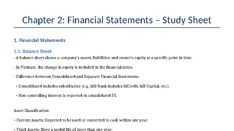 Chapter 2: Financial Statements Study Sheet (FIN 101) - Studocu