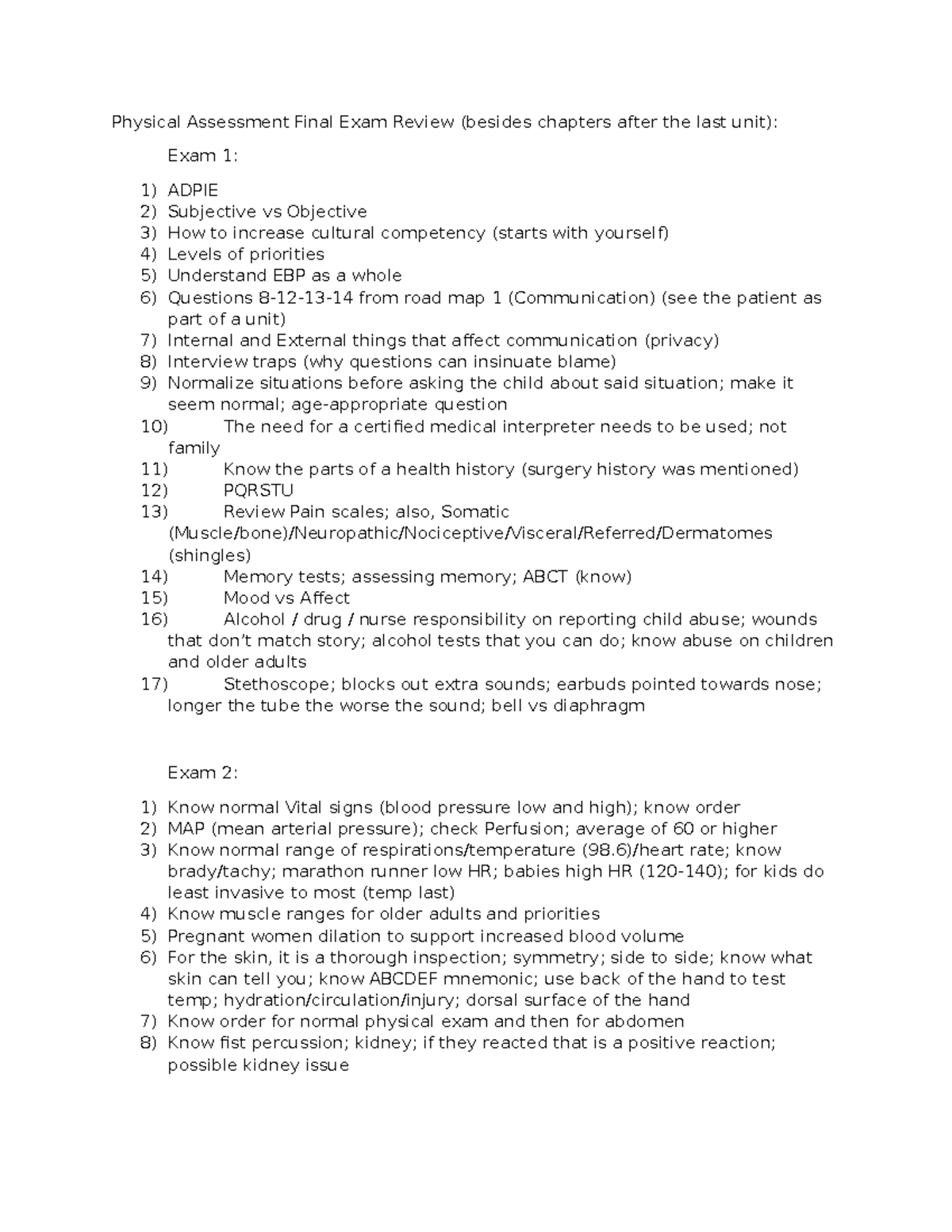 Physical Assessment (NURS 101) Final Exam Study Guide - Studocu