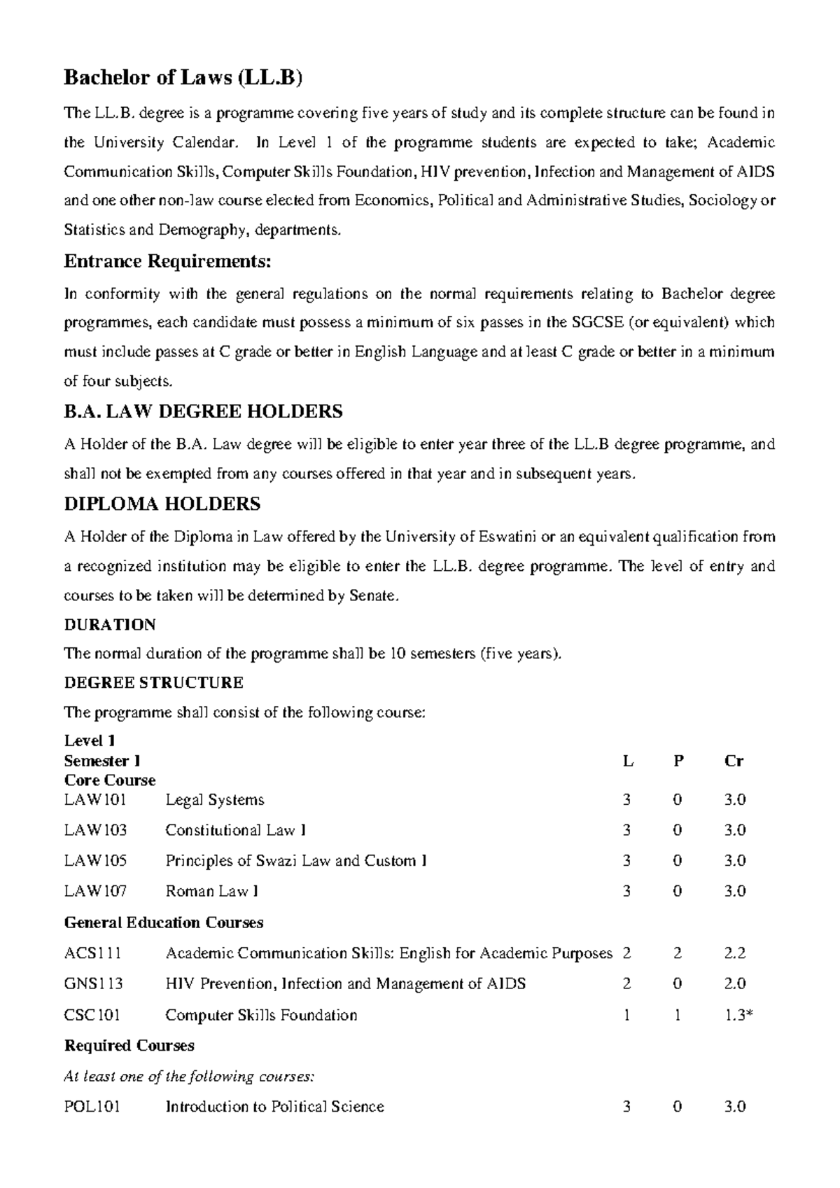 LL.B programme structure and requirements at the University of Eswatini ...