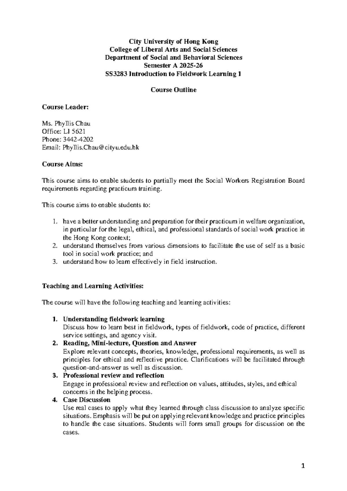 SS3283 - Introduction to Fieldwork Learning Course Outline (2025-26) - Studocu