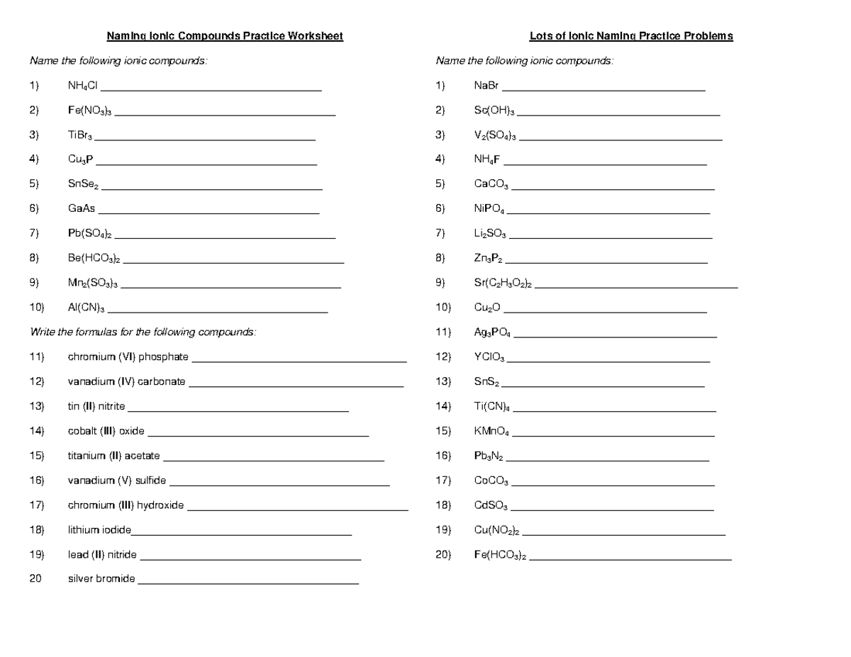 Naming and Formula Writing Practice Ionic, Covalent, Acids with Key ...