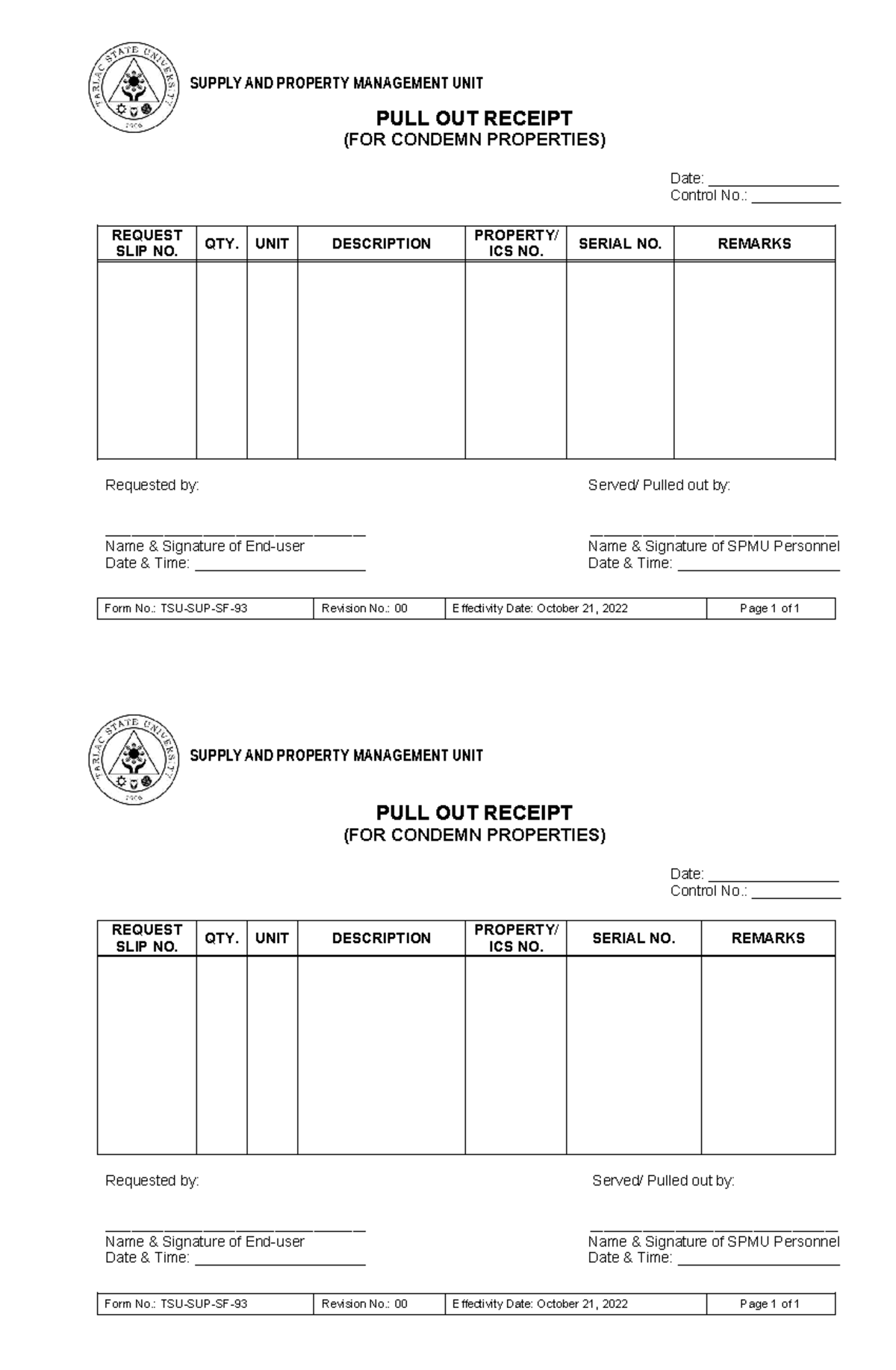 TSU-SUP-SF-93 Pull Out Receipt for Condemned Properties - Studocu