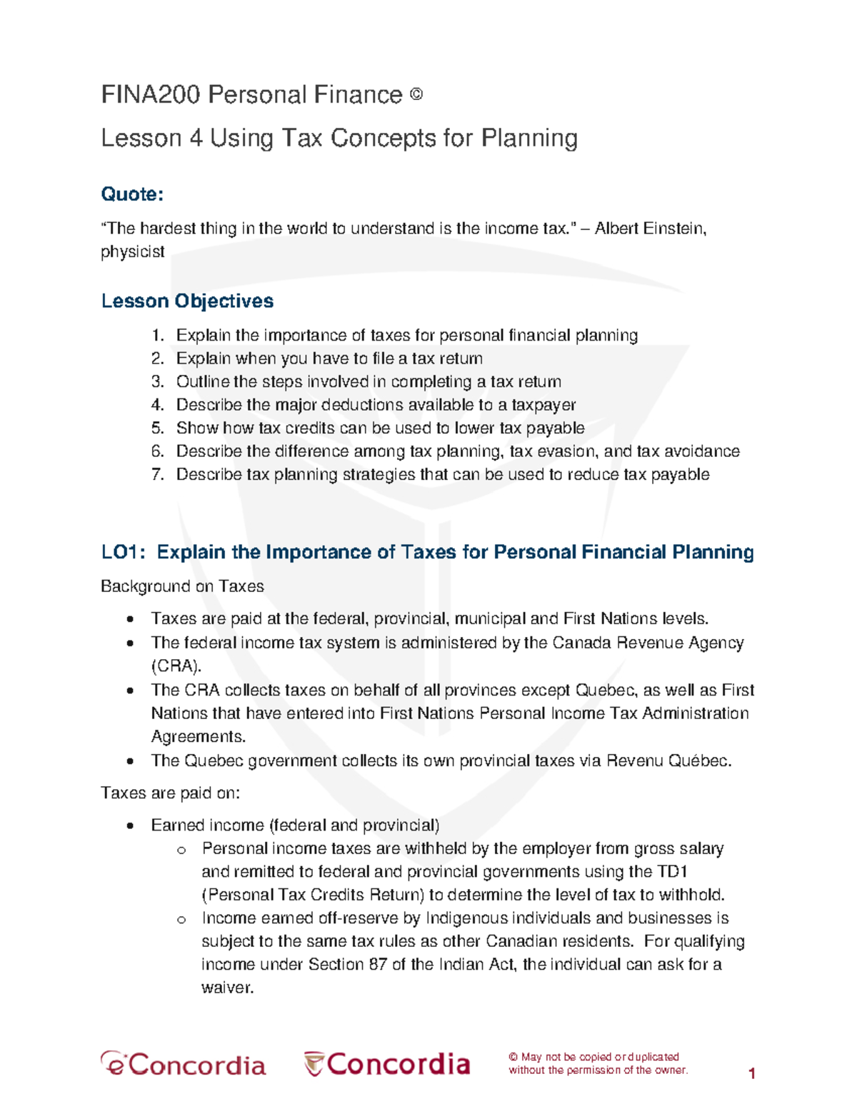 FINA200 Personal Finance Lesson 4 Tax Concepts for Financial Planning ...