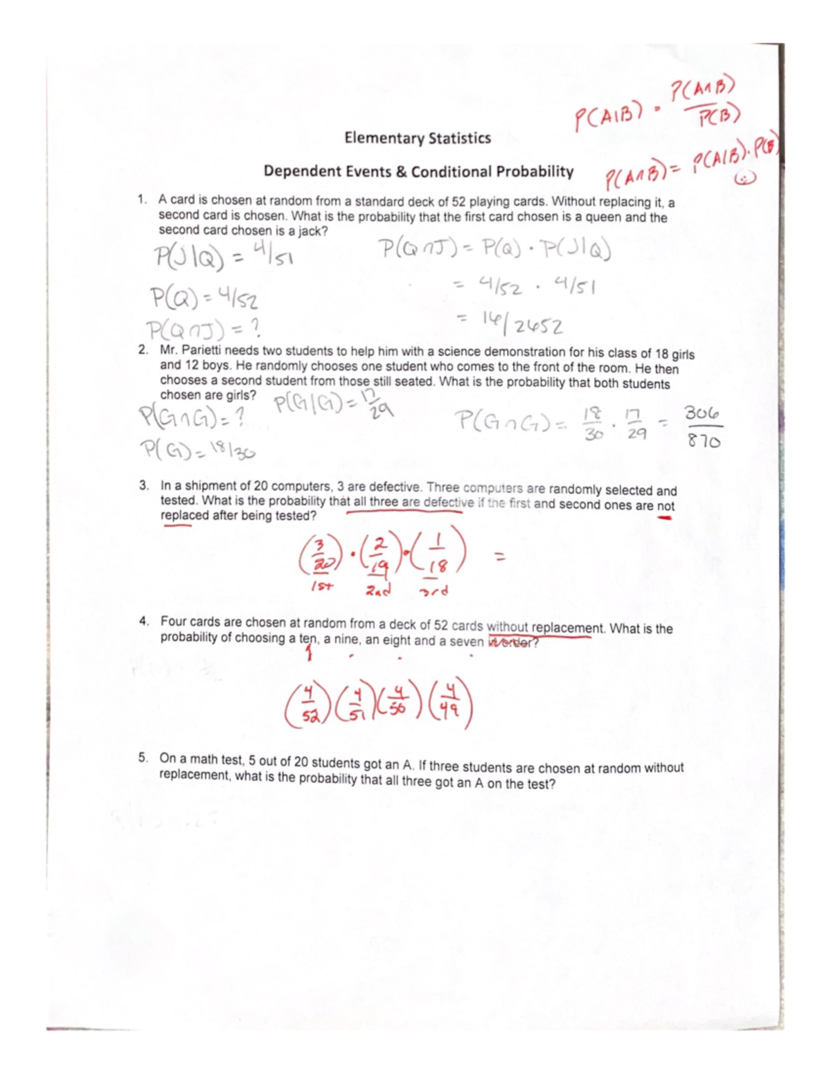 Dependent Events & Conditional Probability Worksheet - Studocu
