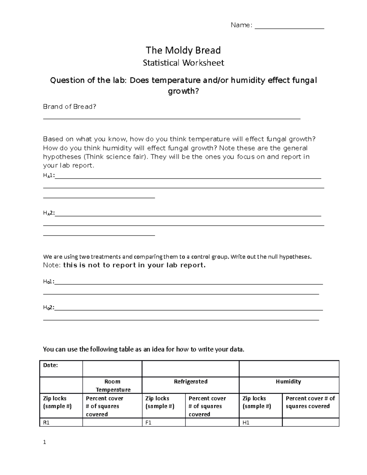 Bread Mold Worksheet - Name: _____________________ The Moldy Bread ...