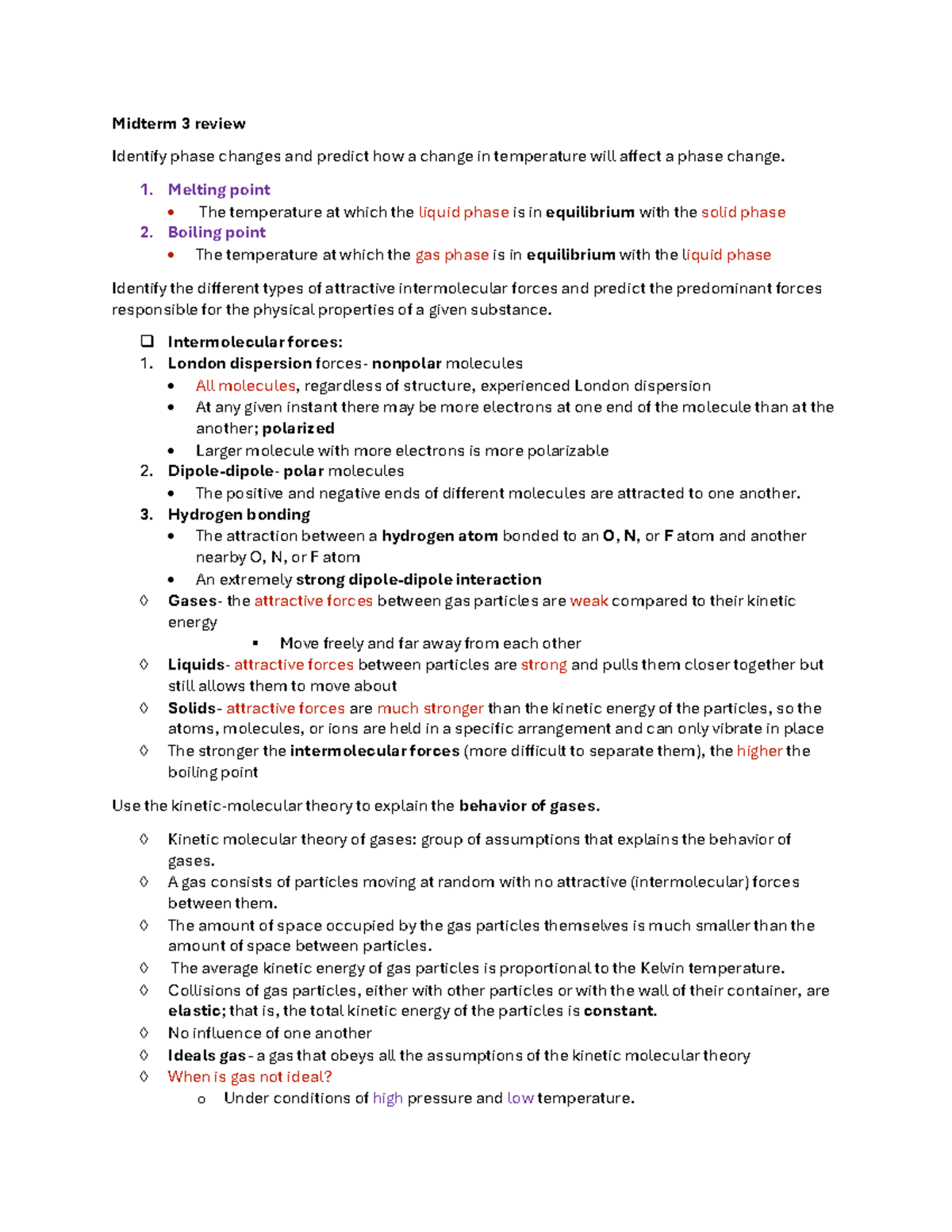 Midterm 3 - Gas Laws and Phase Changes: Properties of Gases, Liquids ...