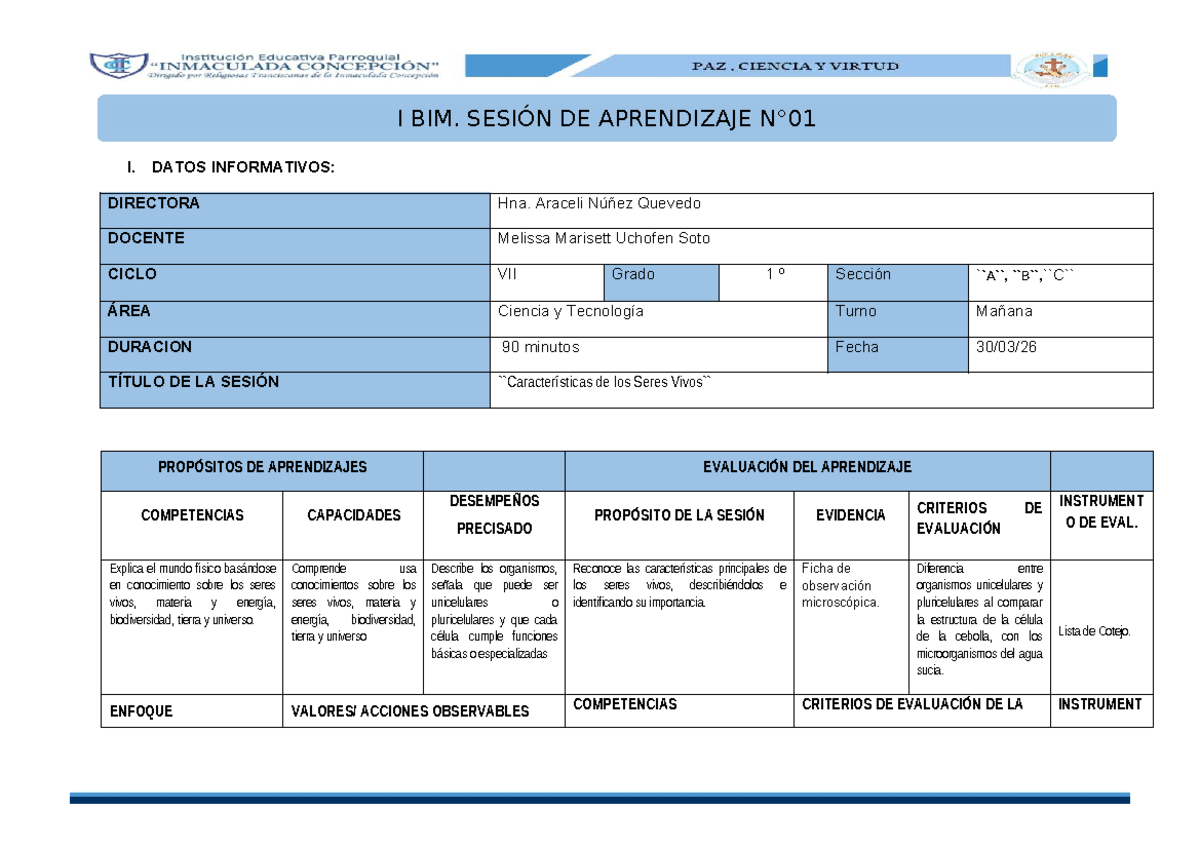I BIM. SESIÓN DE APRENDIZAJE I: Características de los Seres Vivos ...