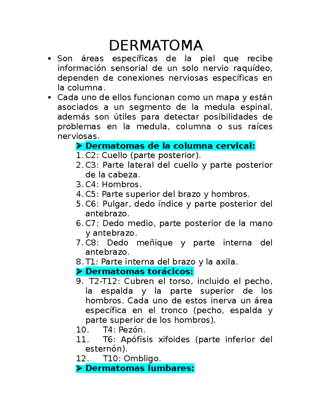 Dermatomas y Miotomas: Mapa de Inervación Espinal y Funciones - Studocu