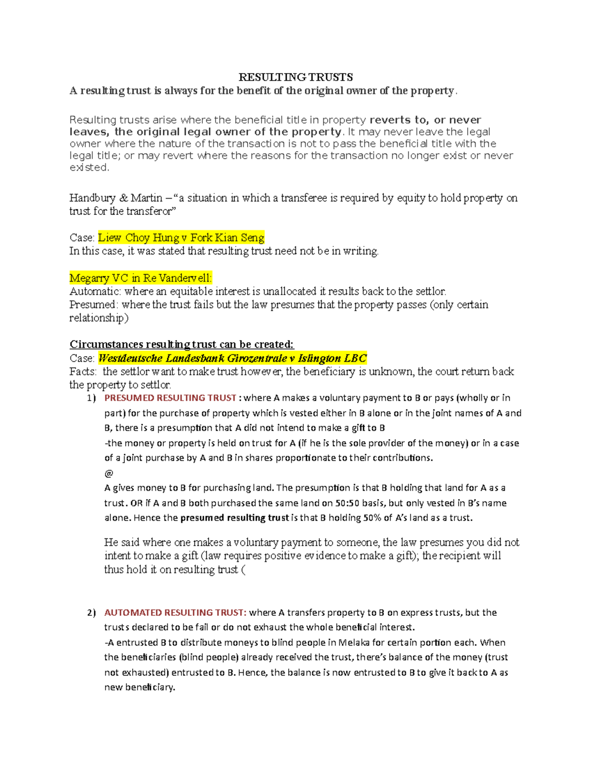 Resulting Trusts - LN5: Key Concepts and Case Laws Overview - Studocu