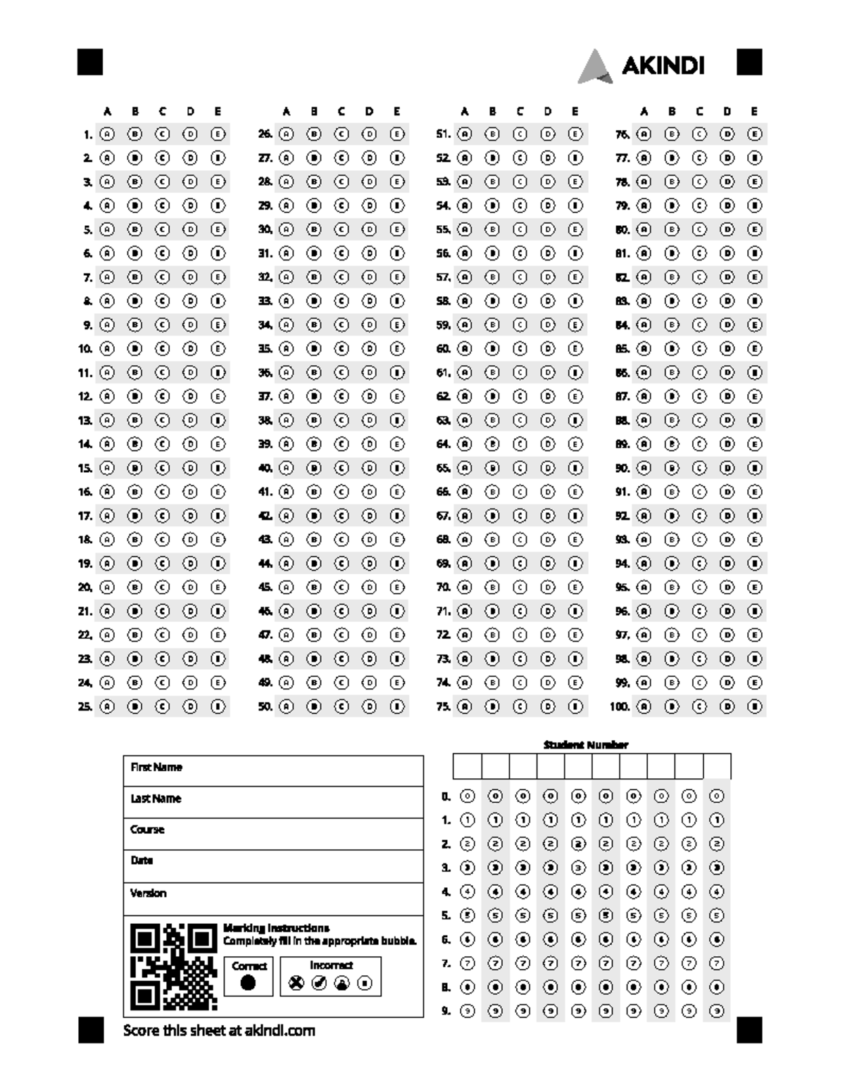 AKINDI 100 Question Bubble Sheet - Answer Key Guide - Studocu