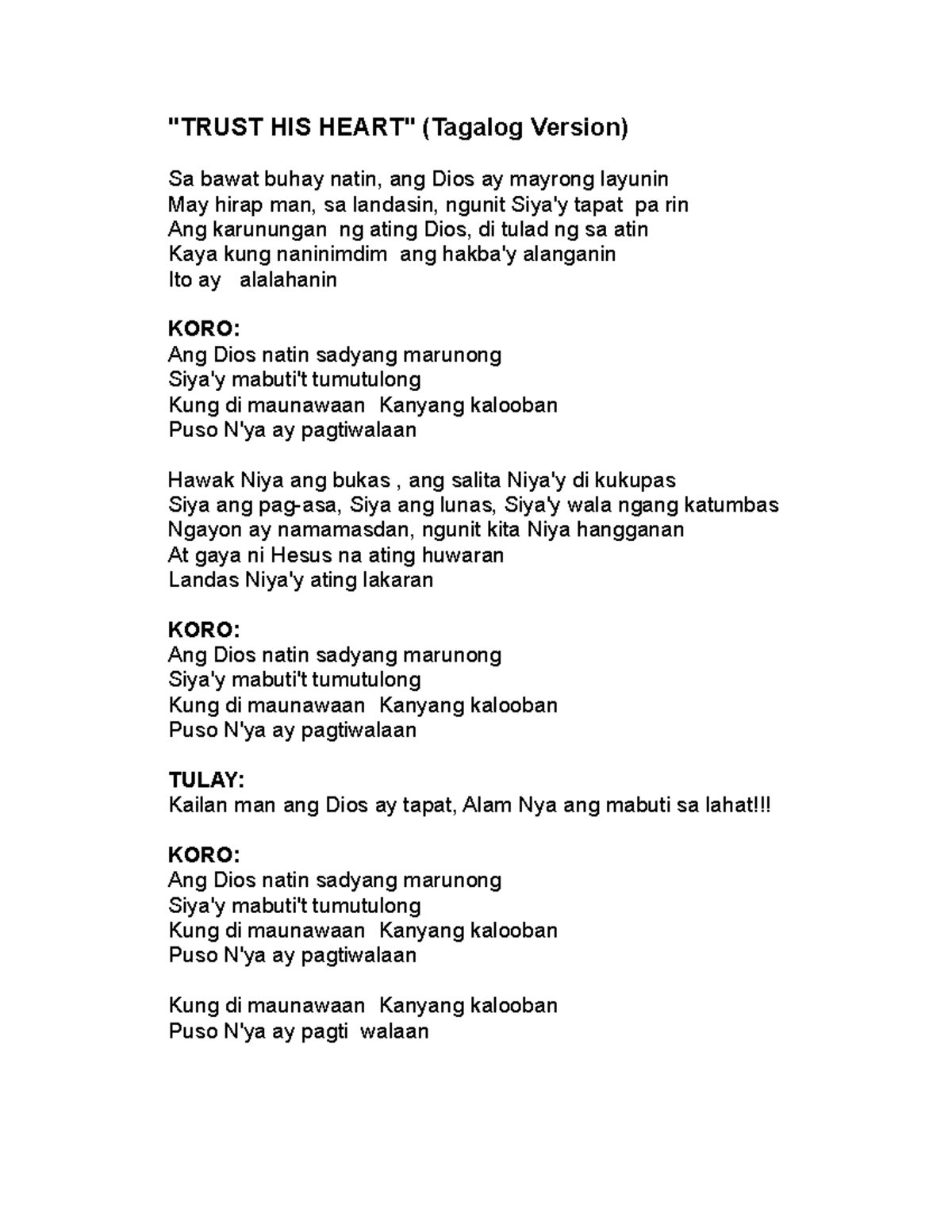 Trust HIS Heart - Tagalog Song Lyrics Analysis - Studocu
