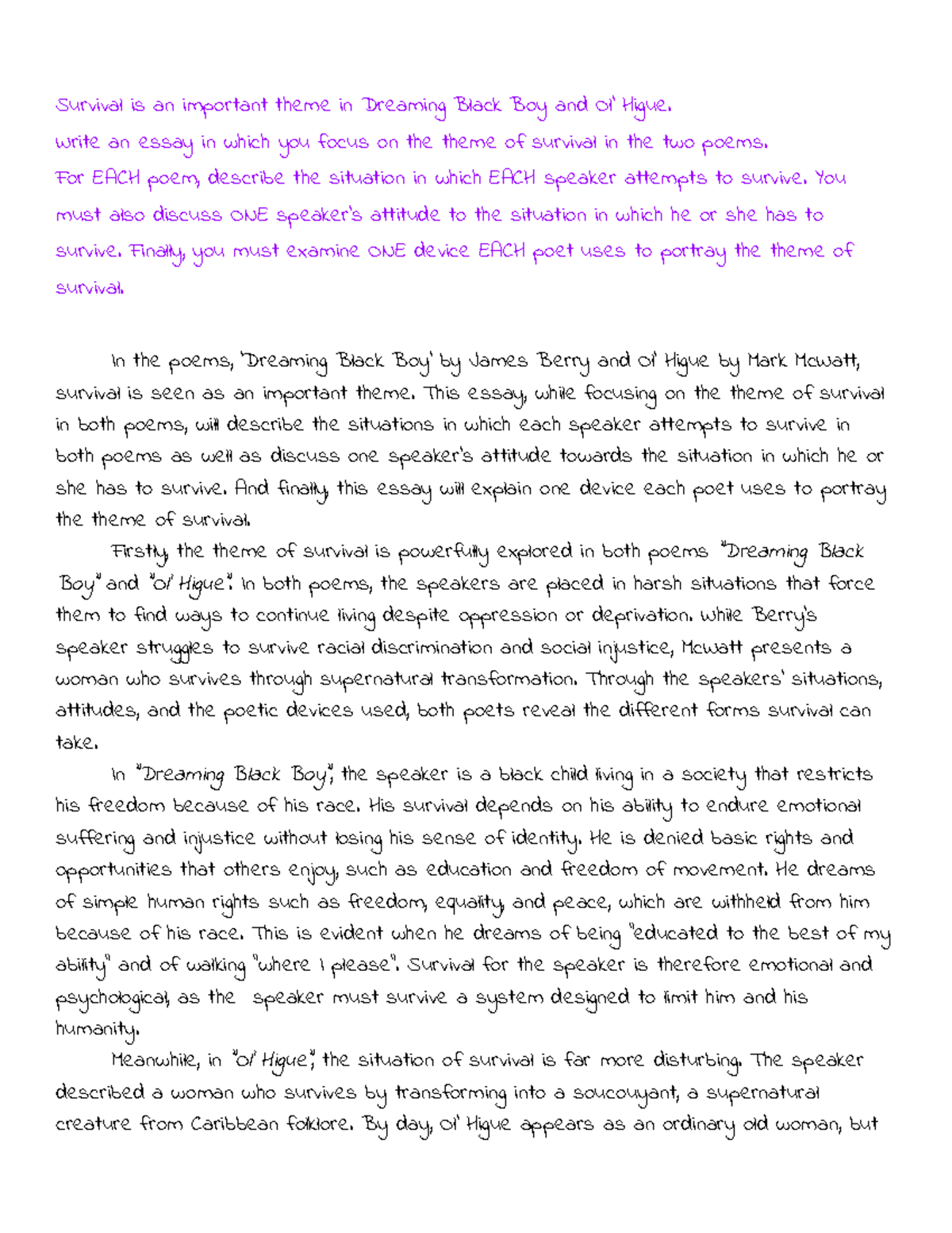 English B Poetry Essay: Survival in "Dreaming Black Boy" & "Higue ...