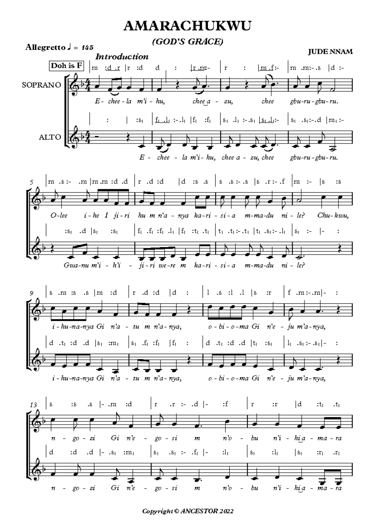 AMARACHUKWU (GOD'S GRACE) - Choir Script by JUDE NNAM - Studocu