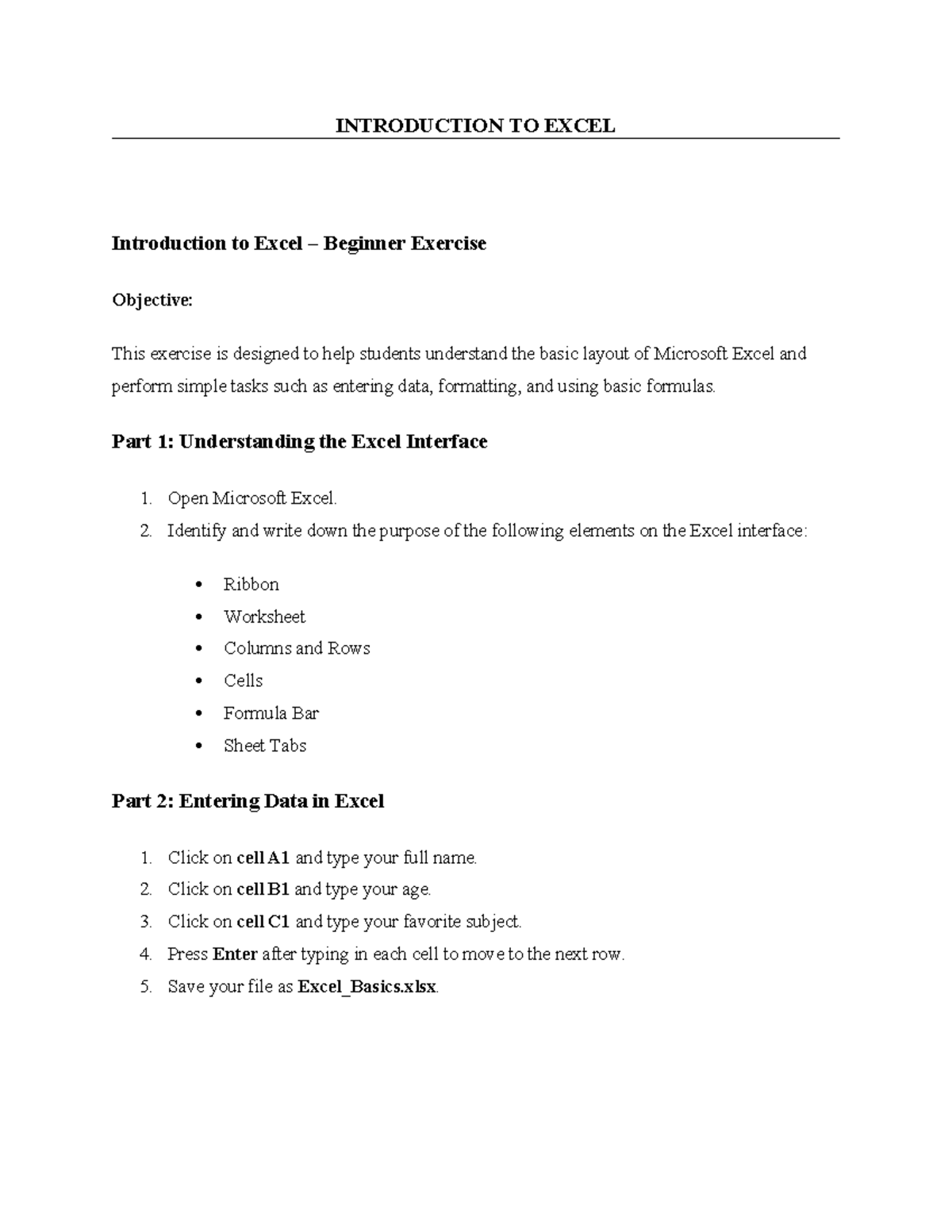 Introduction to Excel 2: Beginner Exercises and Tasks - Studocu