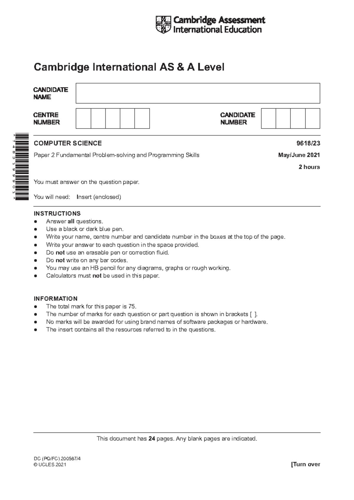 Cambridge International AS & A Level Computer Science 9618/23 Past ...