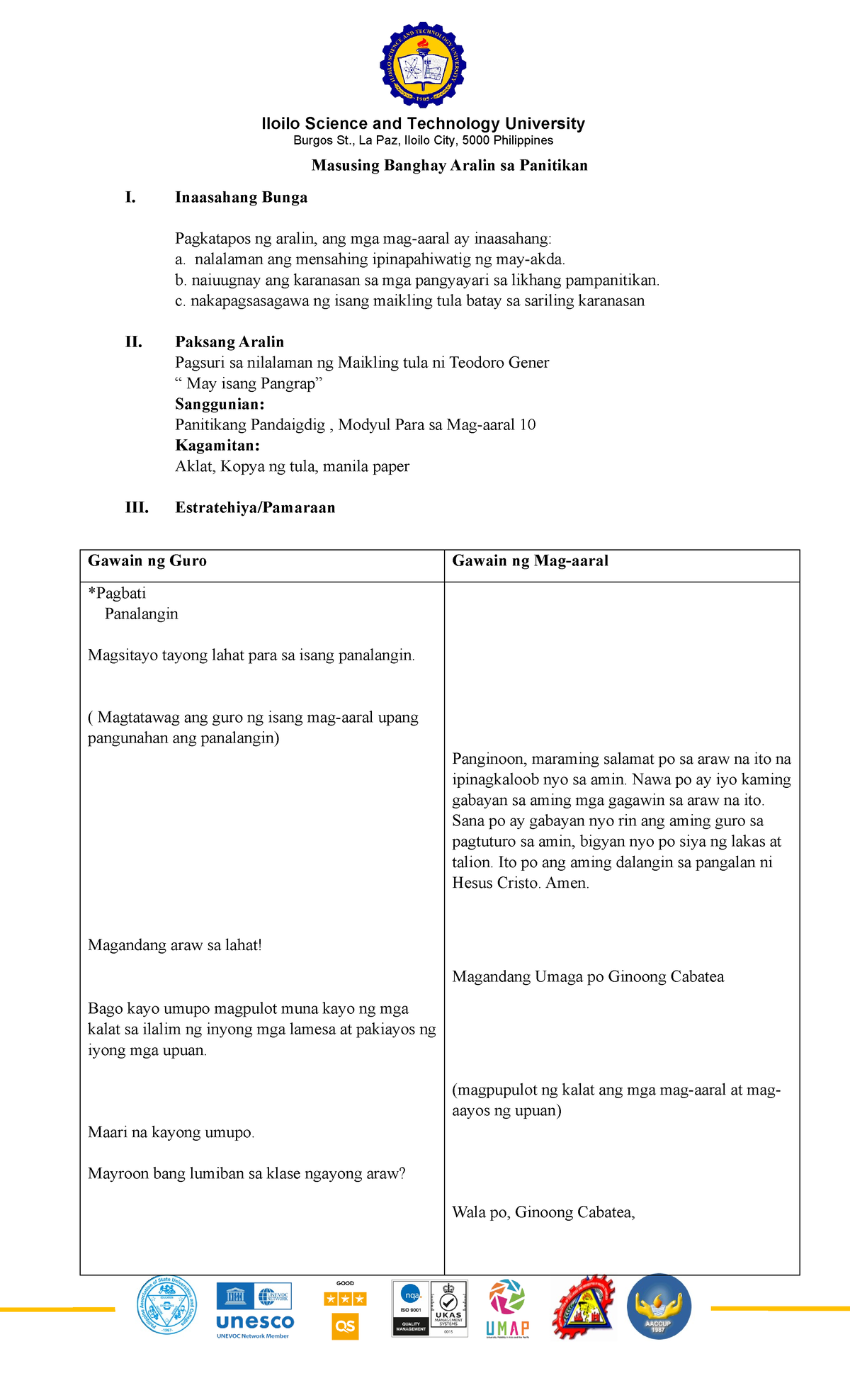 Masusing Banghay Aralin sa Panitikan: Tula ni Teodoro Gener (10) - Studocu