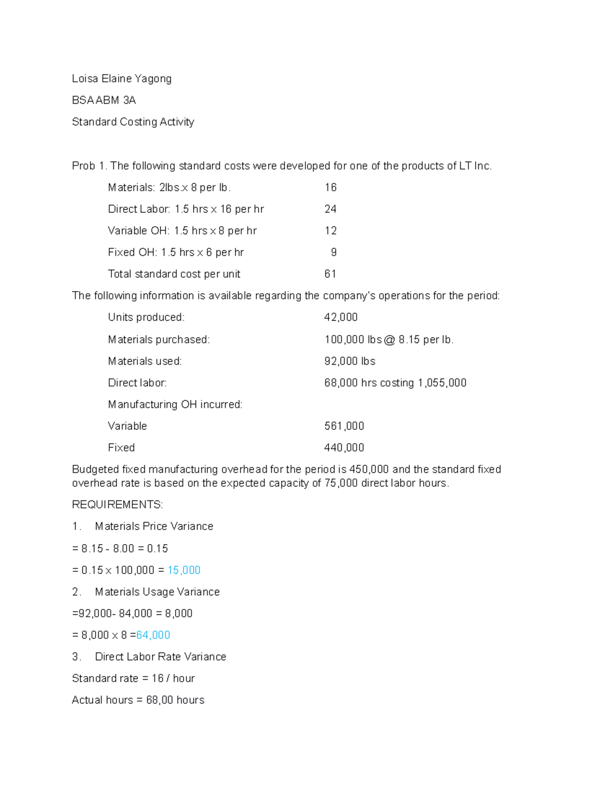 BSA ABM 3A Standard Costing Activity Problems & Variance Analysis - Studocu