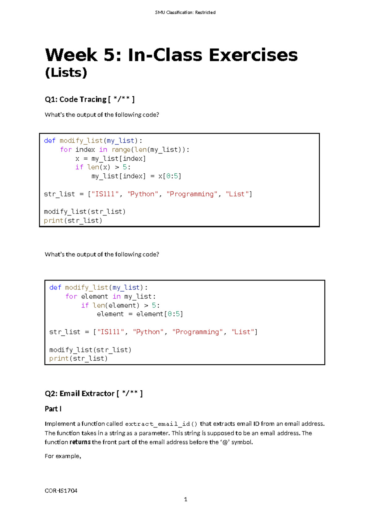 SMU CS101 Week 5 In-Class Exercises: Code Tracing & Email Functions - Studocu