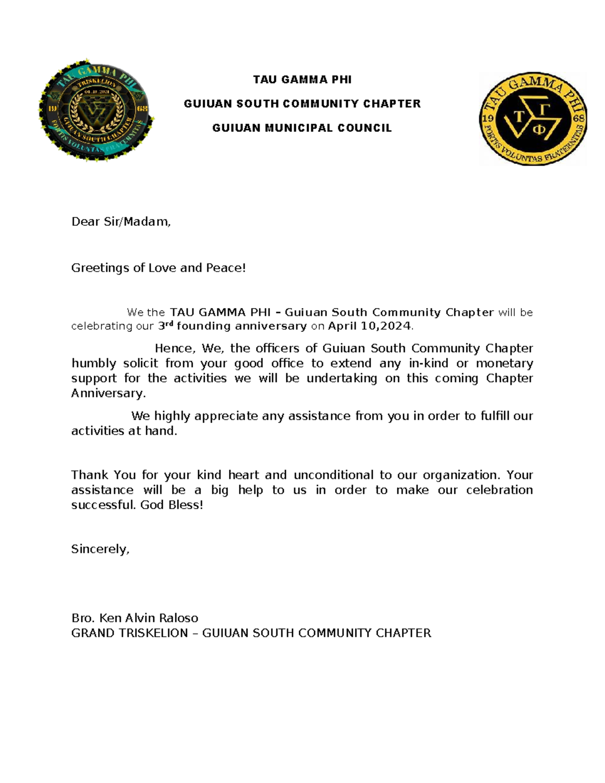 TAU Gamma PHI Fundraising Solicitation Letter for Anniversary Event ...
