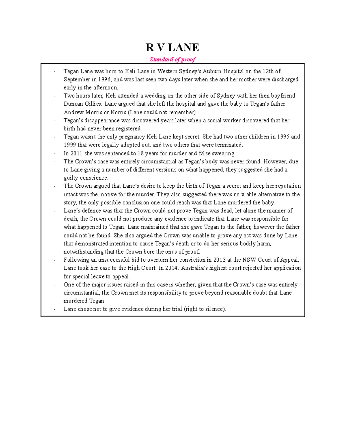 R V LANE: Analyzing the Standard of Proof in Murder Case - Studocu