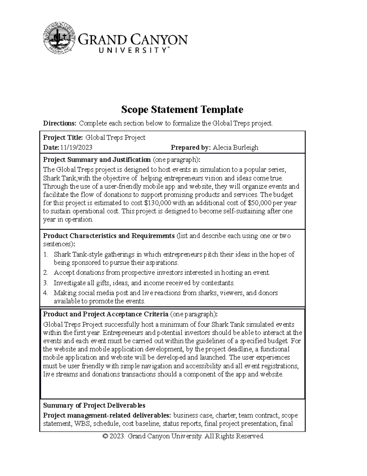 BIT-415-RS-Global Treps Project Scope Statement Template - Studocu