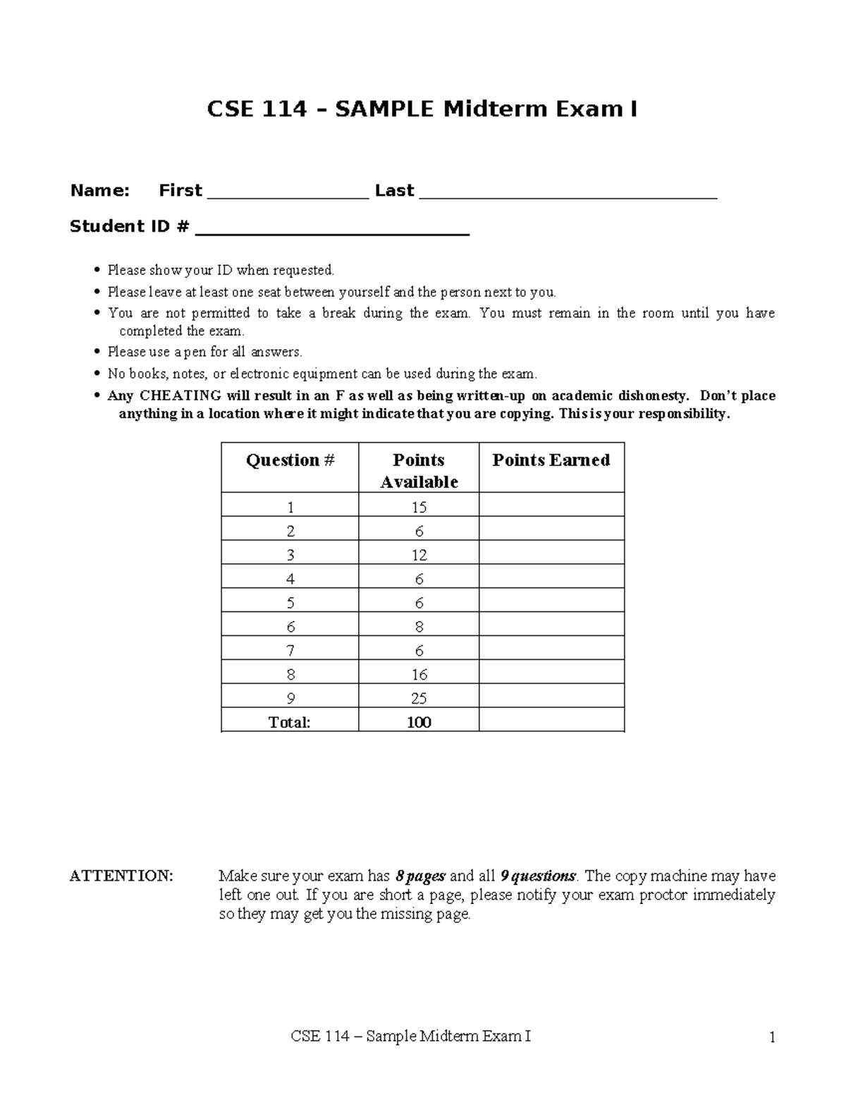 CSE 114 Midterm Exam I Practice Questions and Guidelines - Studocu