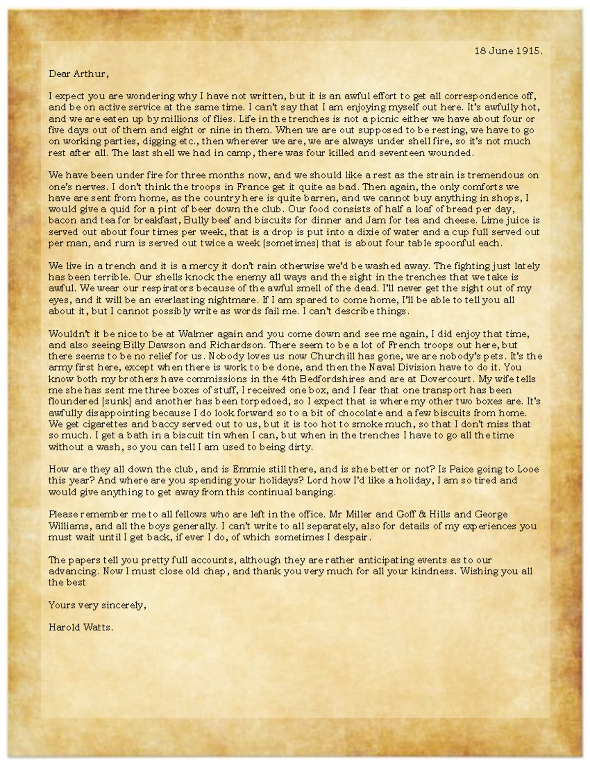 Trench Warfare Experiences: Letter from the Western Front - WWI - Studocu