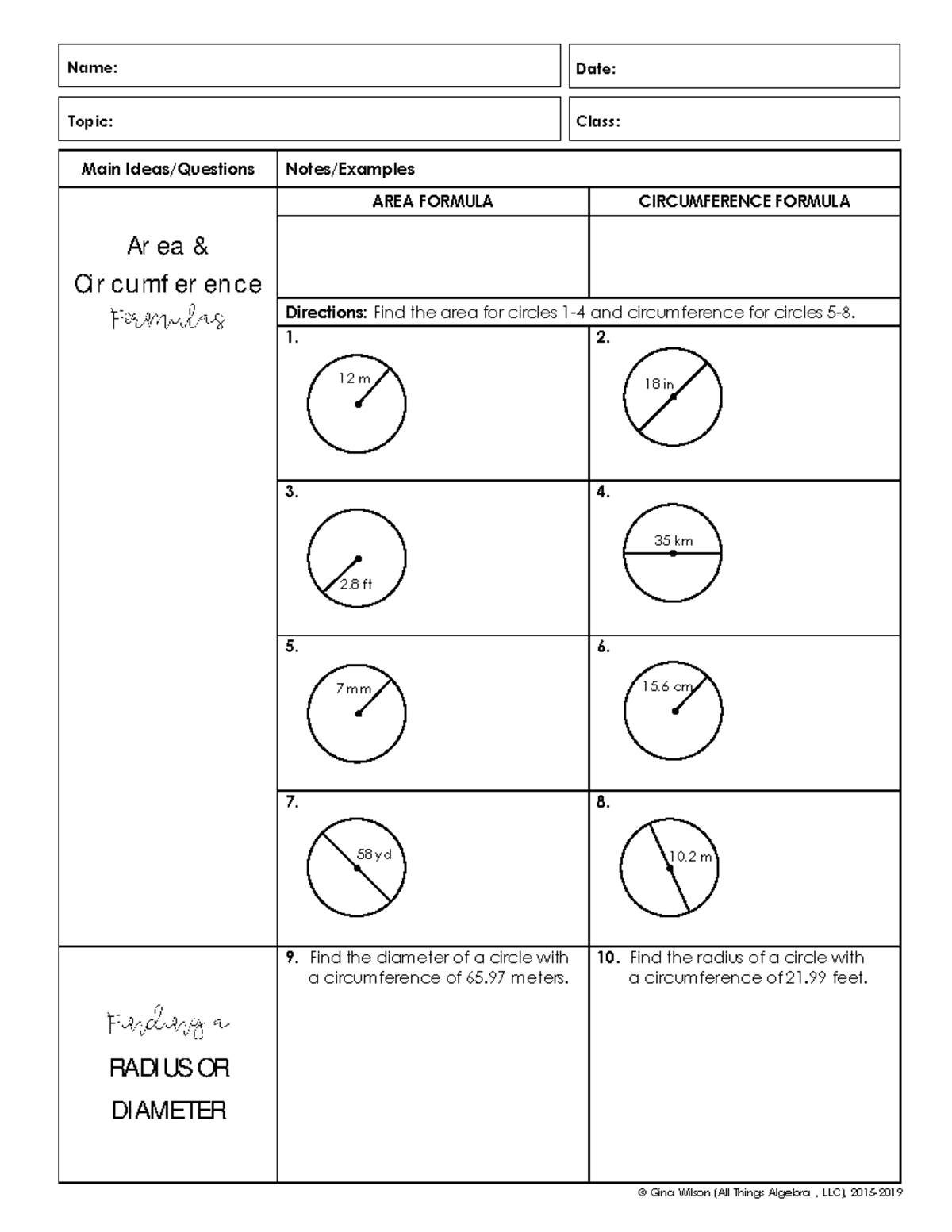 Unit 10 - Area & Circumference of Circles Notes & Examples - Studocu