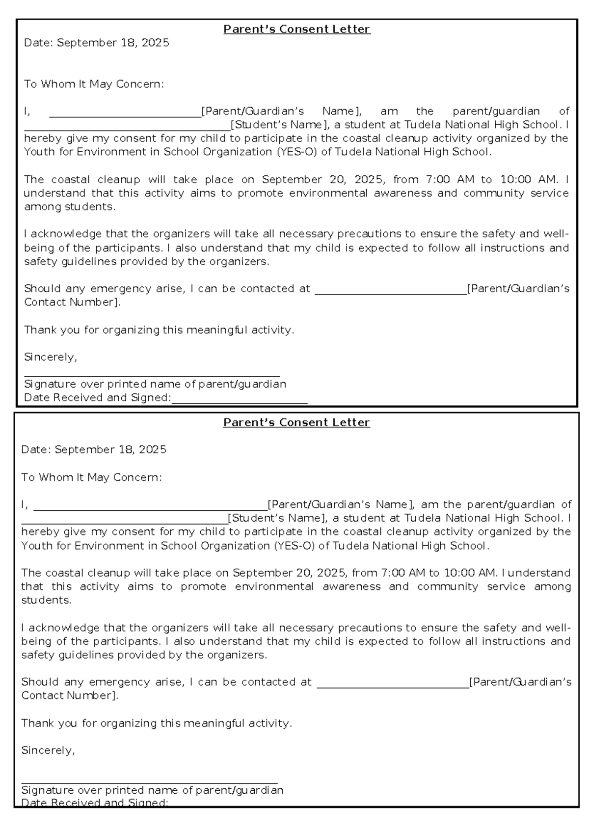 Consent Letter for Coastal Cleanup Activity at Tudela National High ...