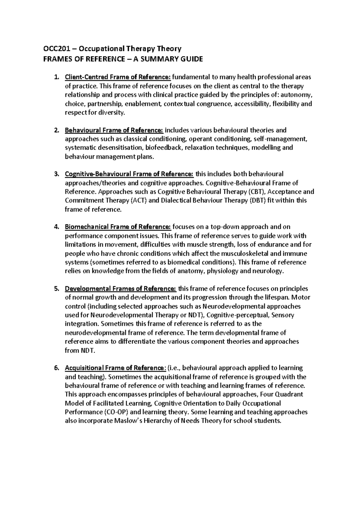 Fo R Summary Guide - Frames of Reference - OCC201 – Occupational ...