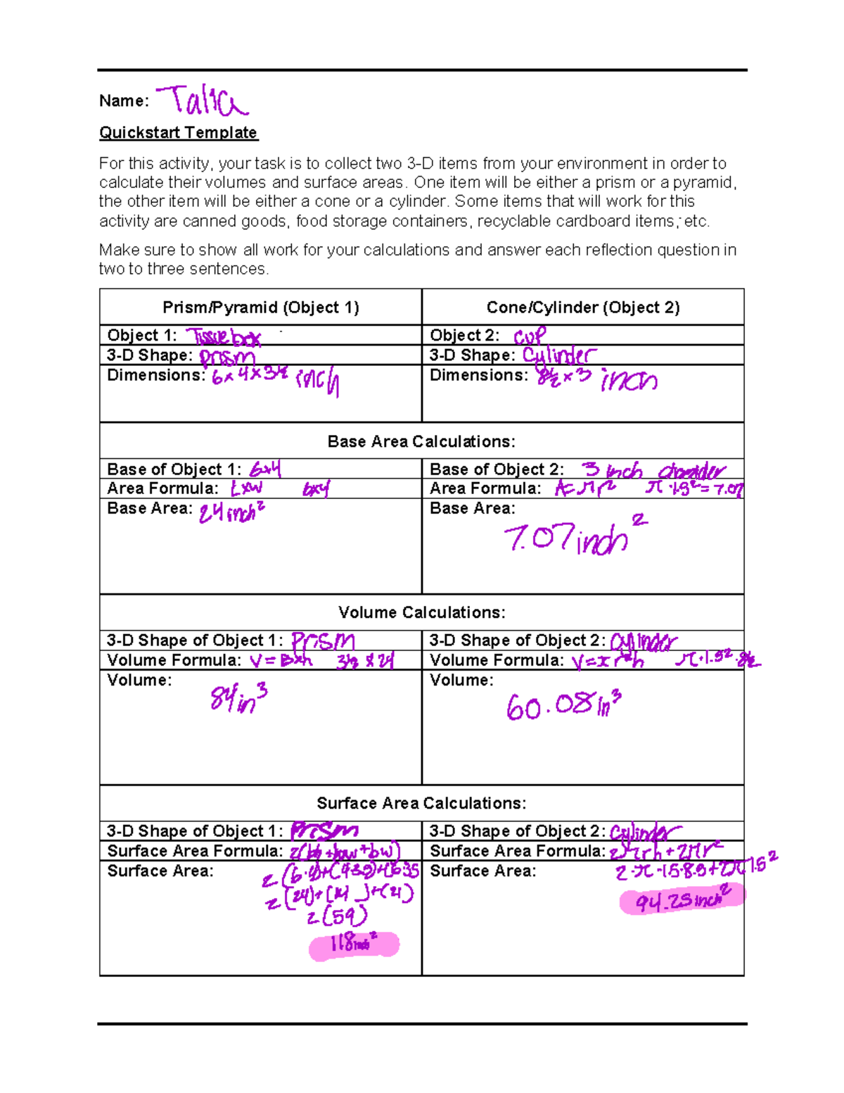 3-D Volume & Surface Area Calculations: Activity Template (Math 8115 ...