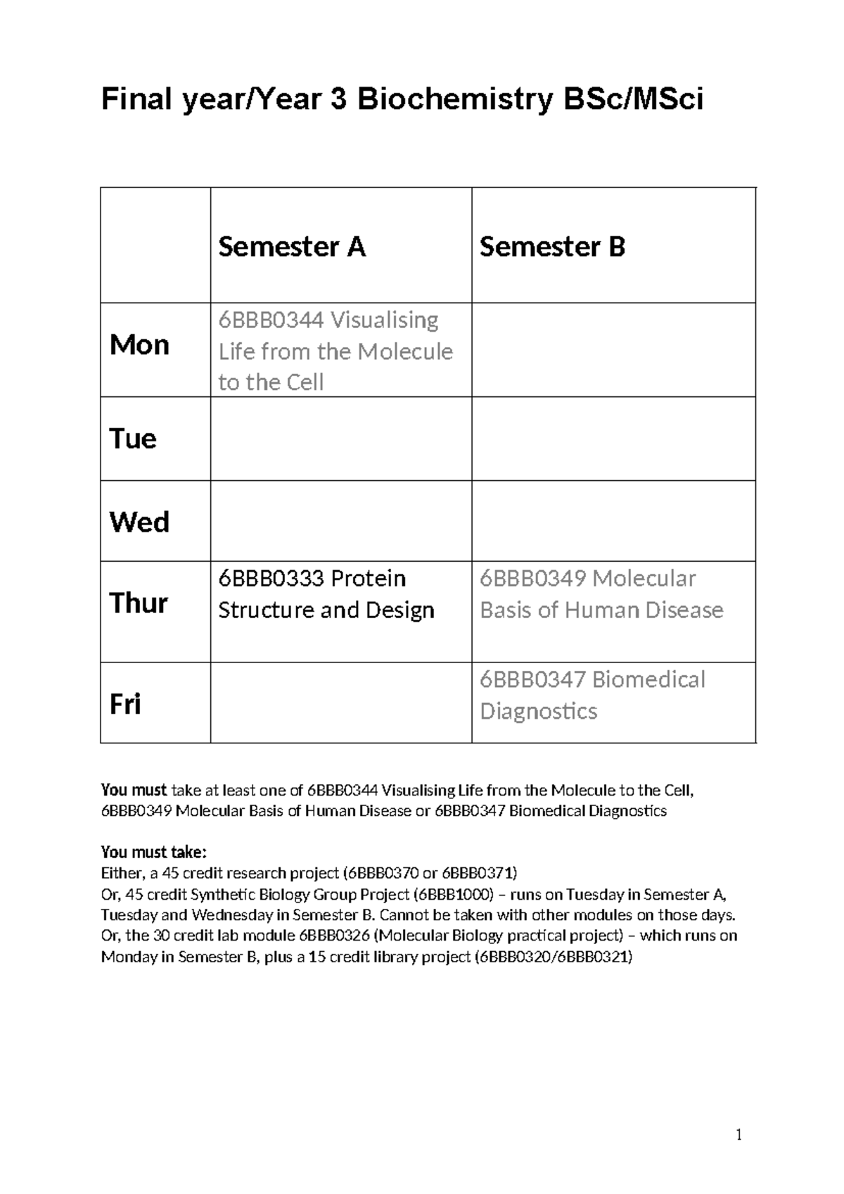 Final Exam Biochemistry Year 3 Schedule: Molecules to Cells & Projects ...