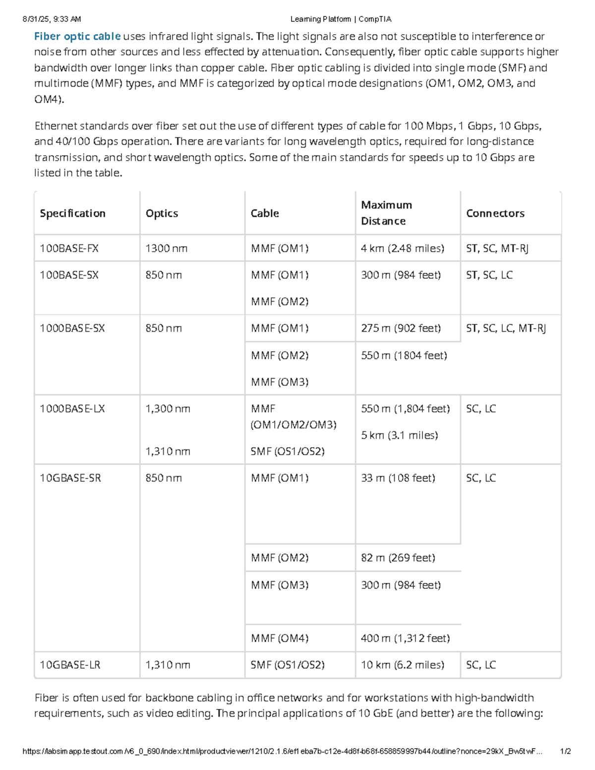 Fiber Optic Cabling Standards and Applications - CompTIA Guide - Studocu