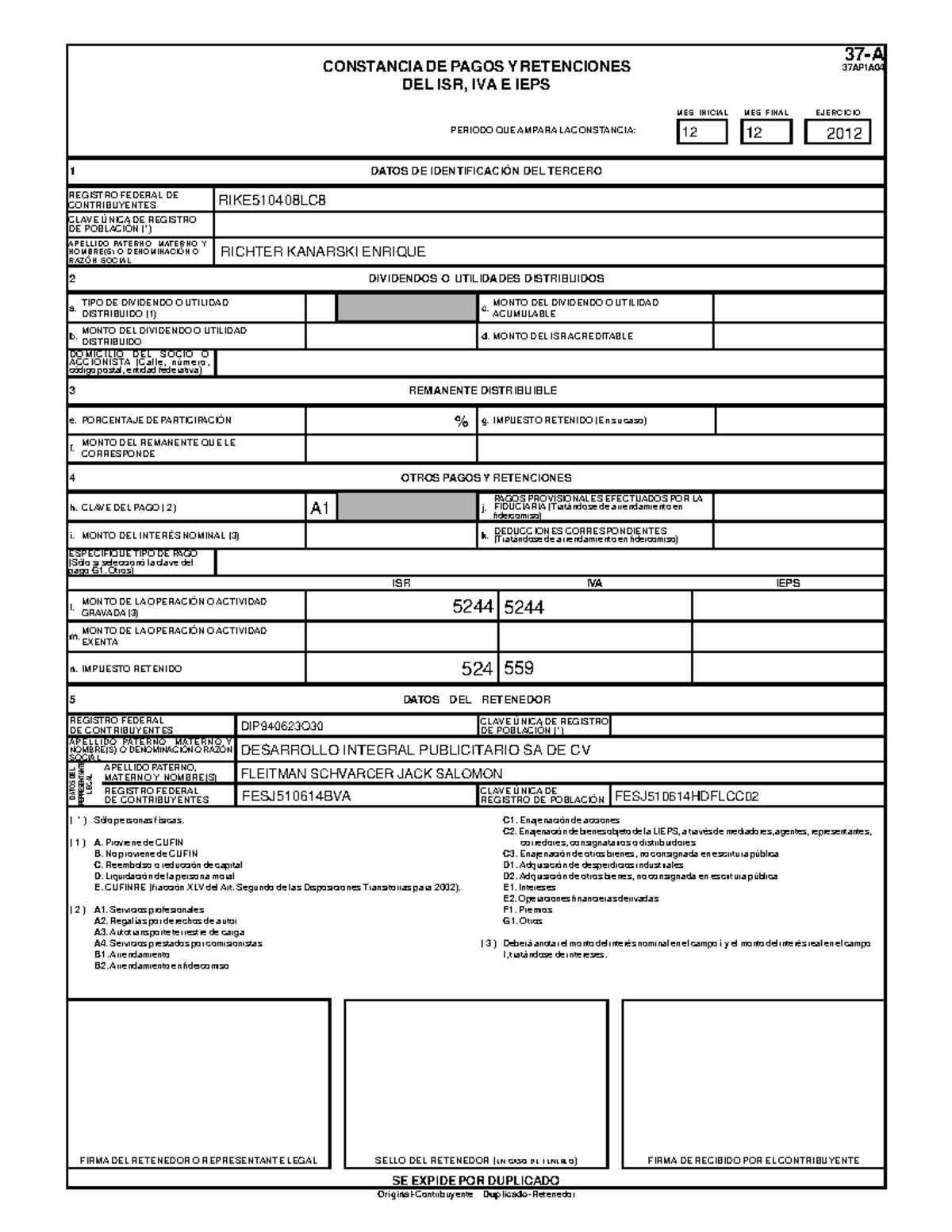 Formato 37-A: Constancia de Pagos y Retenciones ISR, IVA e IEPS - Studocu
