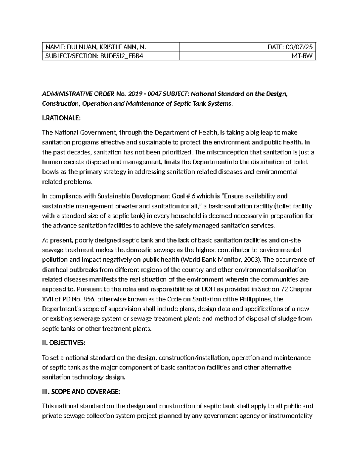 DOH Administrative Order 2019-0047: National Standards for Septic Tanks ...