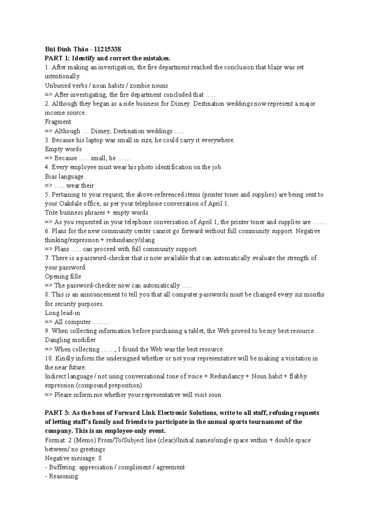 Business Communication Errors & Memo Draft - Course BC 101 - Studocu