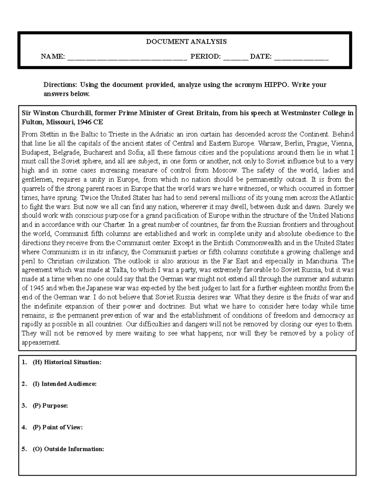 Analysis of the Iron Curtain Speech Using the HIPPO Method 1946 CE ...