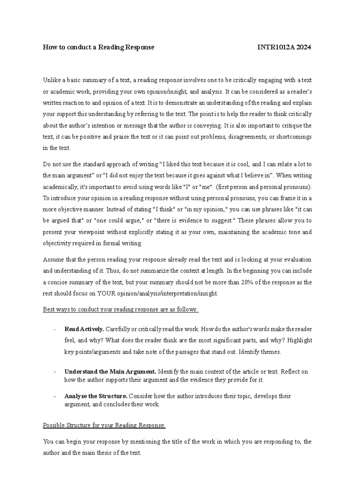 Conducting a Reading Response: Guidelines for INTR1012A 2024 - Studocu